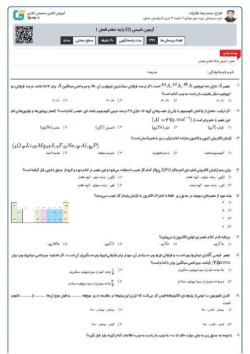 آزمون شیمی 1 پایه دهم فصل 1 گاما، سامانه آزمون آنلاین