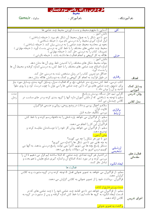 طرح درس ریاضی سوم دبستان | محیط - گاما