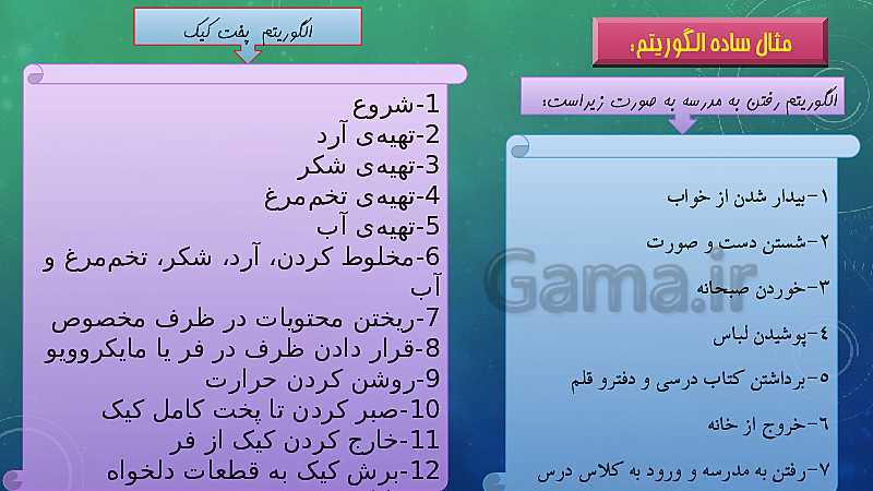 پاورپوینت کار و فناوری نهم پودمان الگوریتم صفحه 3 تا 12 گاما